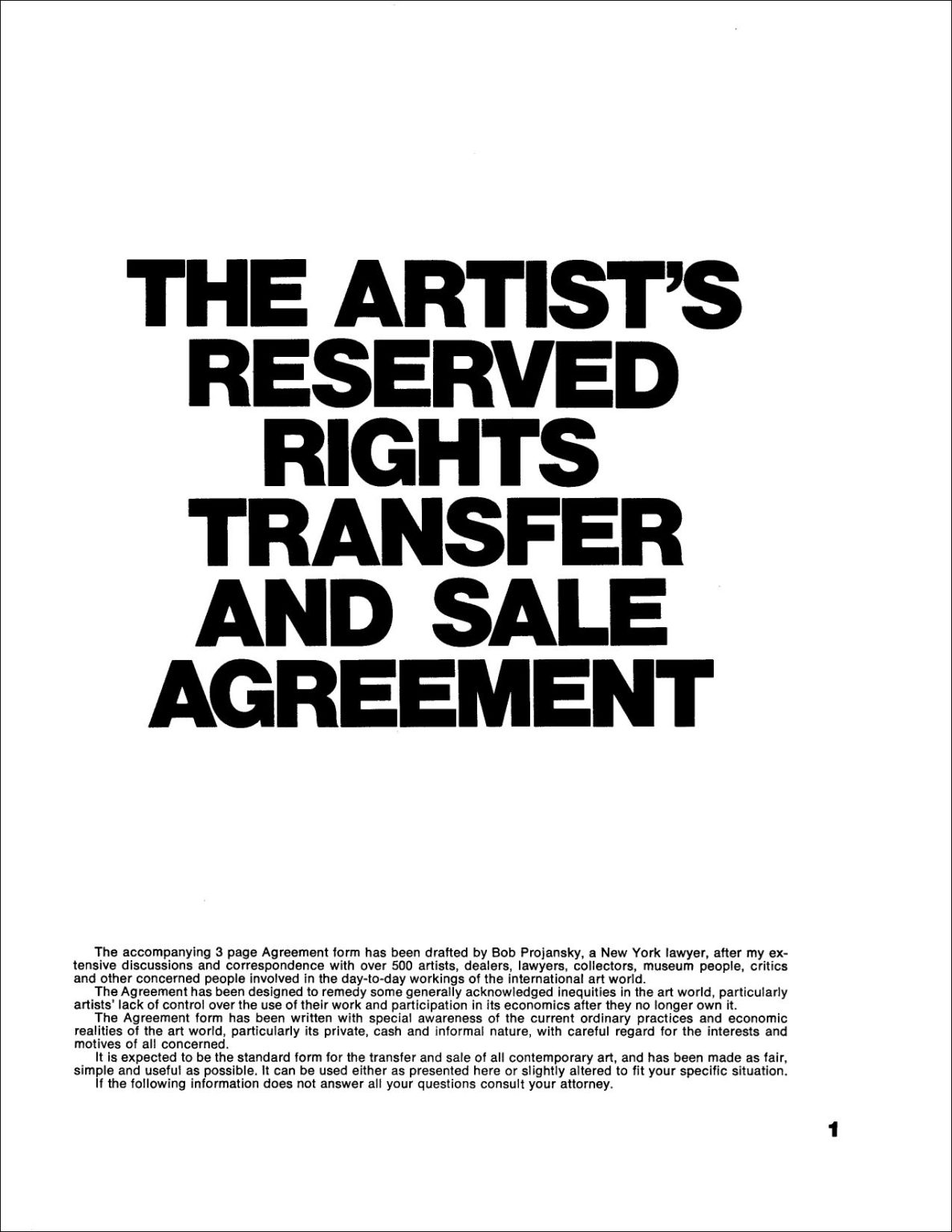 Siegelaub / The Artist’s Reserved Rights Transfer And Sale Agreement ...